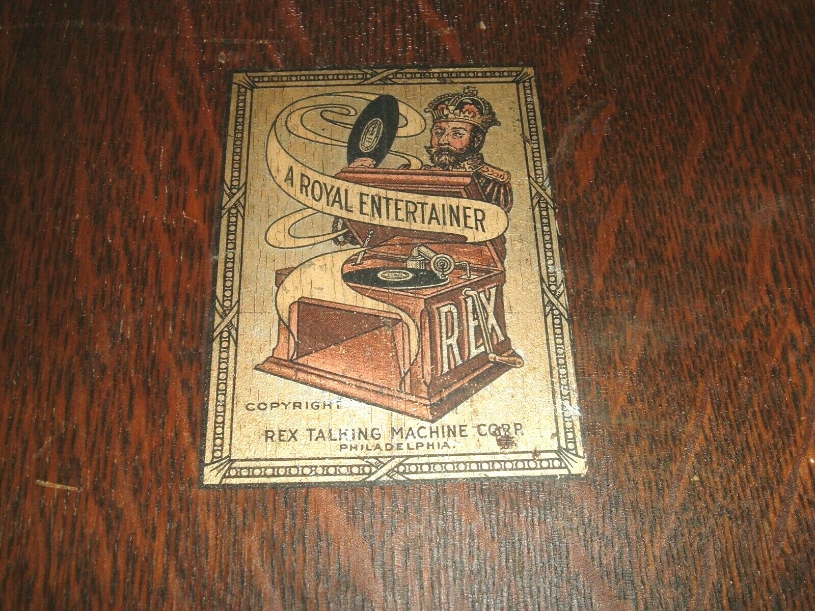 antique 1912-1919 REX Talking Machine Co logo inside top wood panel | eBay