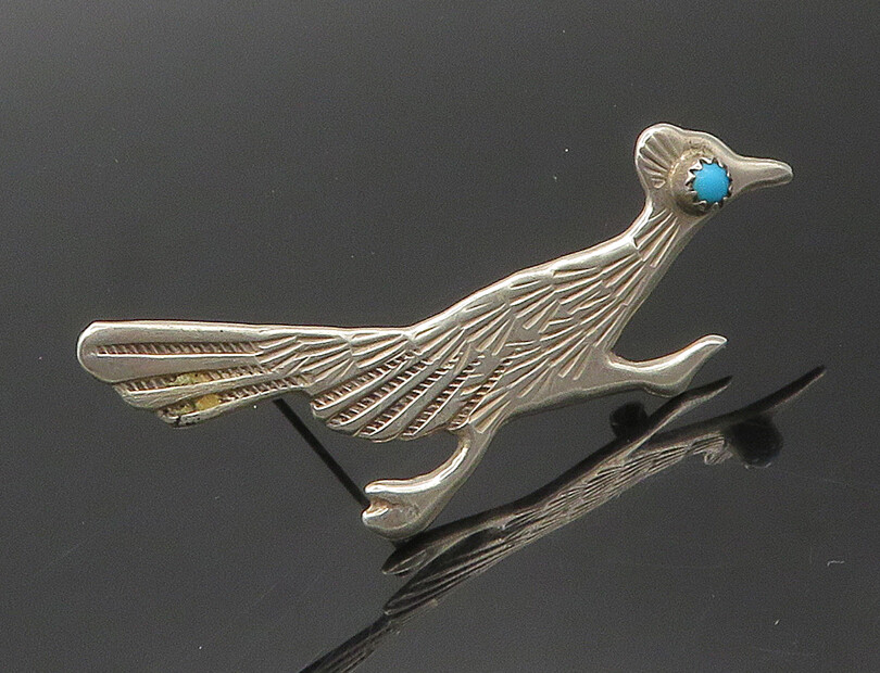 NAVAJO 925 Silver - Vintage Turquoise Road Runner Bird Brooch Pin ...