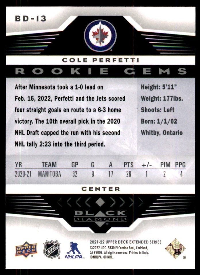2021-22 Upper Deck 2005-06 Black Diamond Retro #BD-13 Cole Perfetti ...