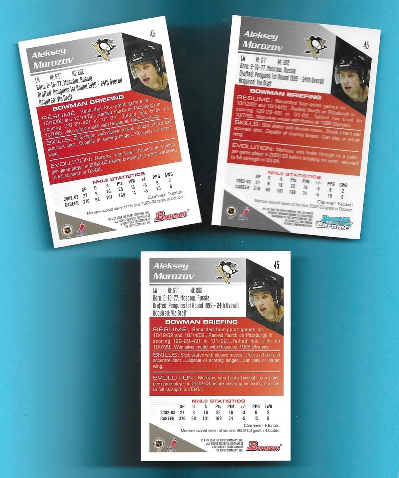 THE SET! ALEKSEI MOROZOV-PITTSBURGH! 2003-04 Bowman CHROME/GOLD/BASE ...