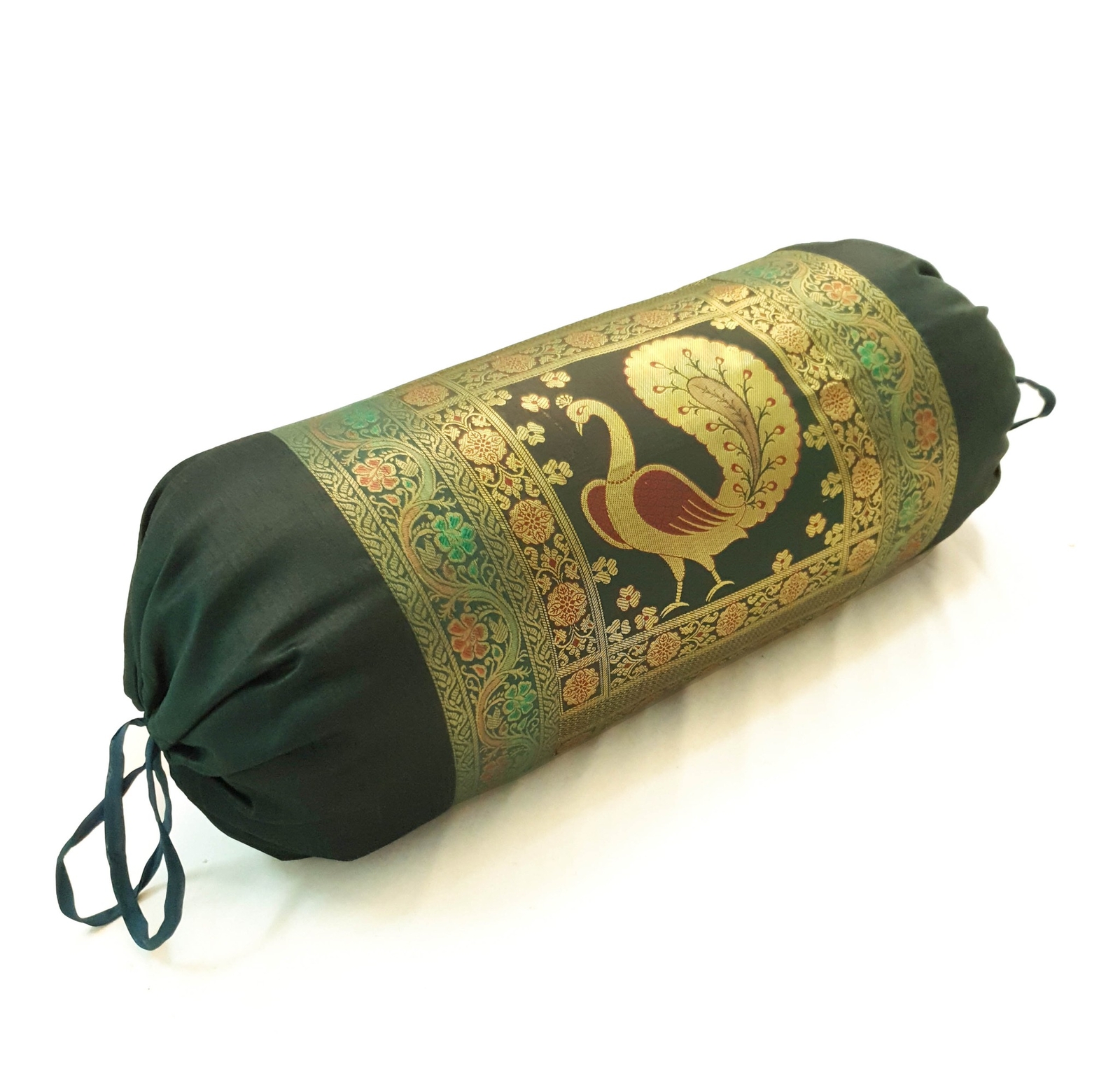 30x15 Inch Bolster Cover Bottle Green Peacock Woven Zari Brocade ...