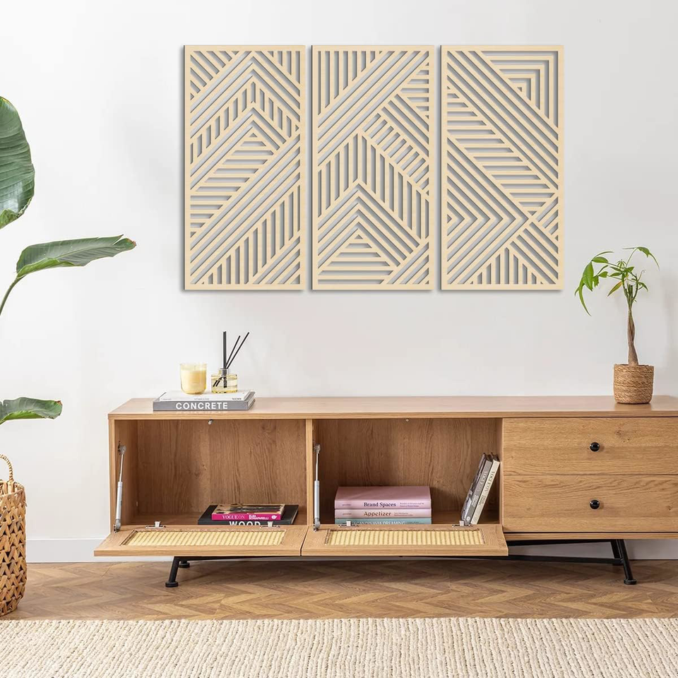 BINCUE Geometry Boho Wood Wall Art 3 Panel with 3D Hollow Craft Art for ...