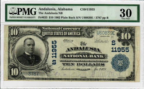 1902 $10 FR 633 Rare Plain Back PMG VF-30 Certified National Currency ...
