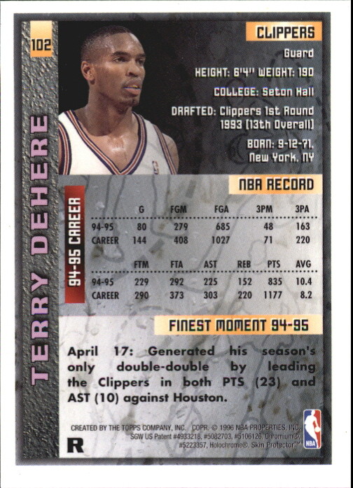 1995-96 Finest Refractors Los Angeles Clippers Basketball Card #102 ...