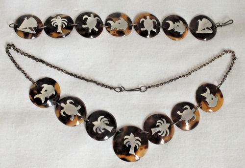 Fiji faux tortoise shell & silver inlay necklace and bracelet set vtg 7 ...