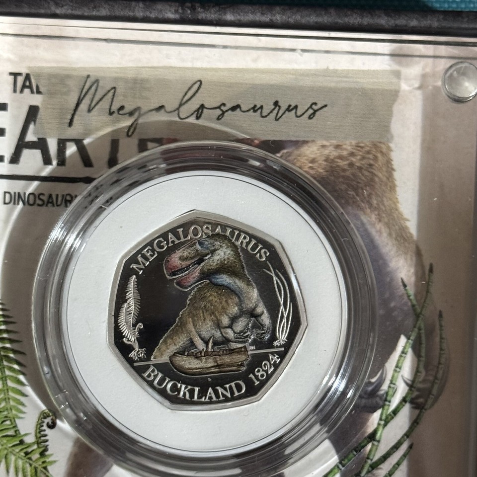 2020 Dinosaur Coloured Silver Proof UK 50p Coin Complete Megalosaurus ...