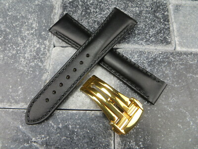 22mm Calf Leather Strap Black Watch Band Deployment Buckle Set for ...