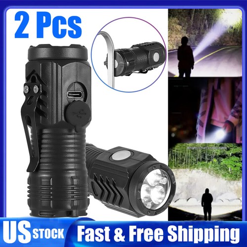 2Pcs Tactical Flashlight Mini LED Torch Work Light Super Bright USB ...