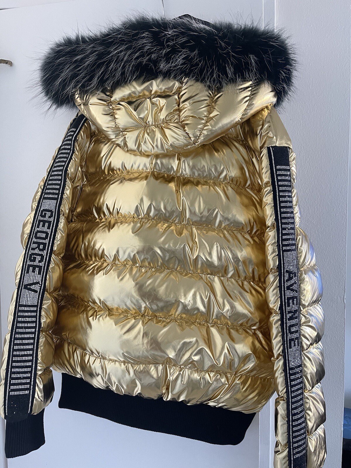 Avenue George V Paris Puffer Jacket Gold Rhinestone High Fur on Hood ...