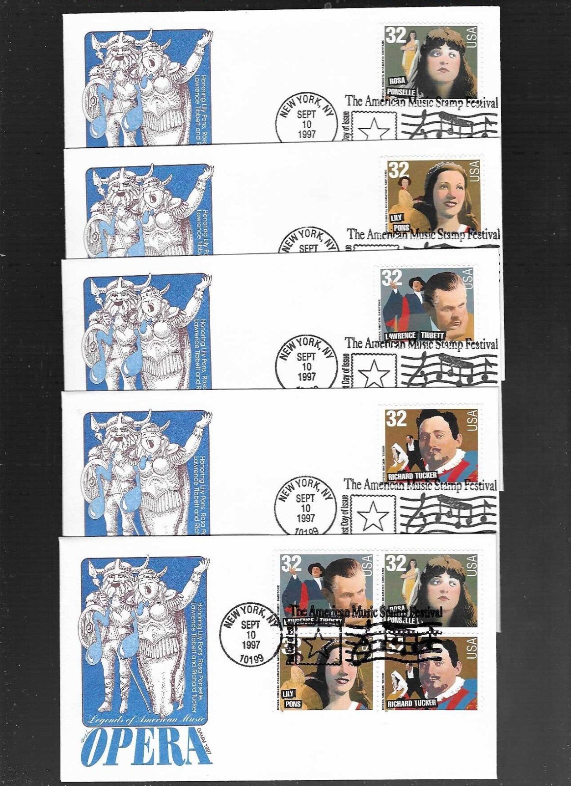 US FDC FIRST DAY COVERS OPERA SINGERS 1997 THREE SETS OF 5 TOTAL 15 ...