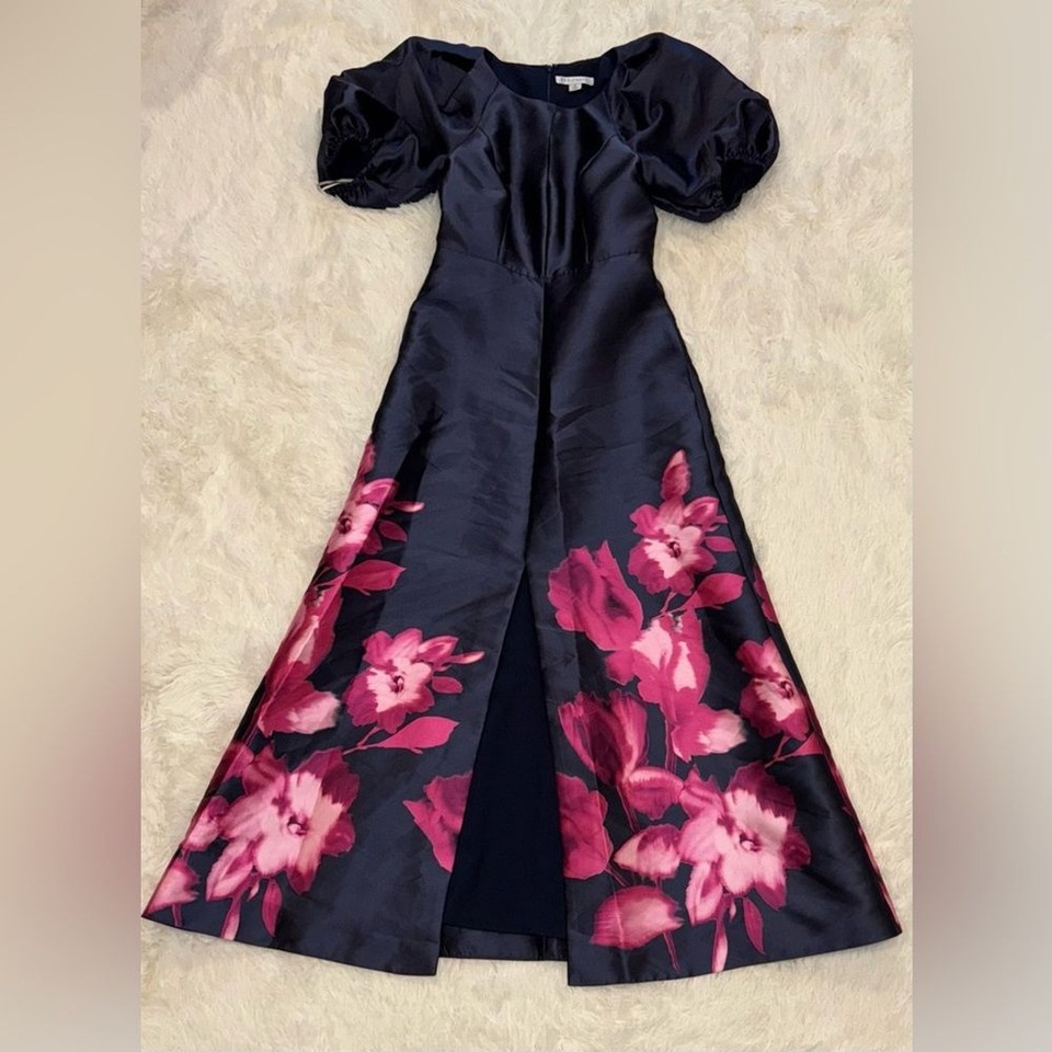 NEW Kay Unger Delfina Puff Sleeve Mikado Midnight/Pink Zinnia Gown Sz 6 ...