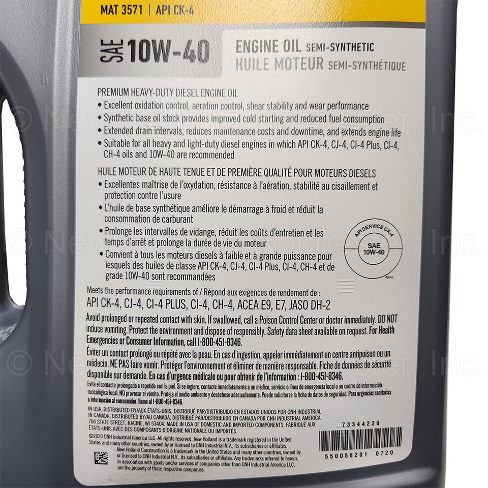 New Holland 1 Gal Engine Oil SAE 10W-40 CK-4 Semi-Synthetic MAT 3571 ...