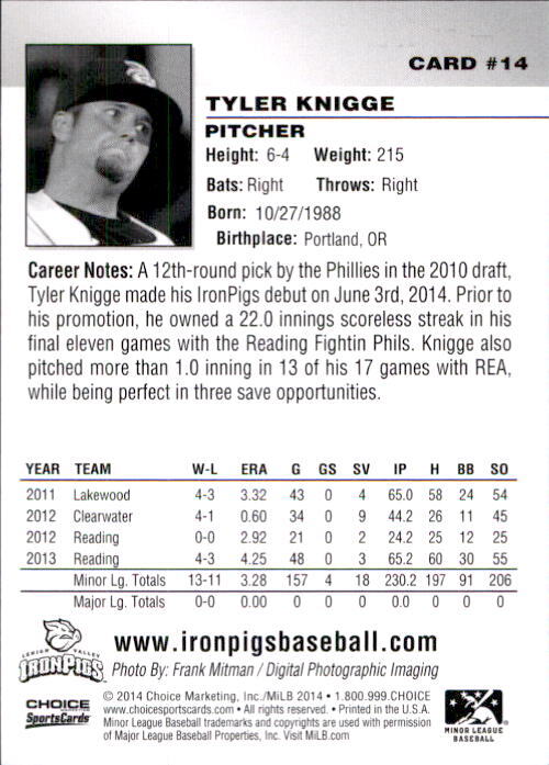 2014 Lehigh Valley Ironpigs Choice 2 #14 Tyler Knigge Portland Oregon ...