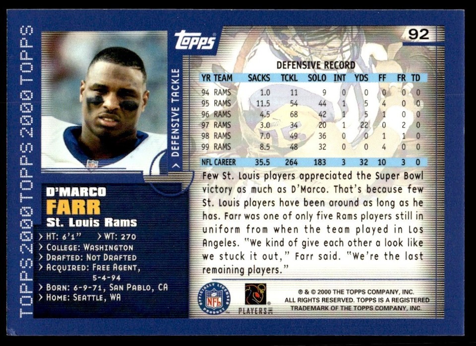 2000 Topps D'Marco Farr St. Louis Rams #92 | eBay