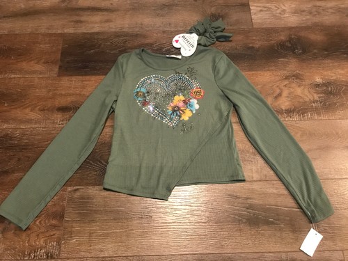 beautees Green Long Sleeve Shirt with Rhinestone Heart & Scrunchie Size ...