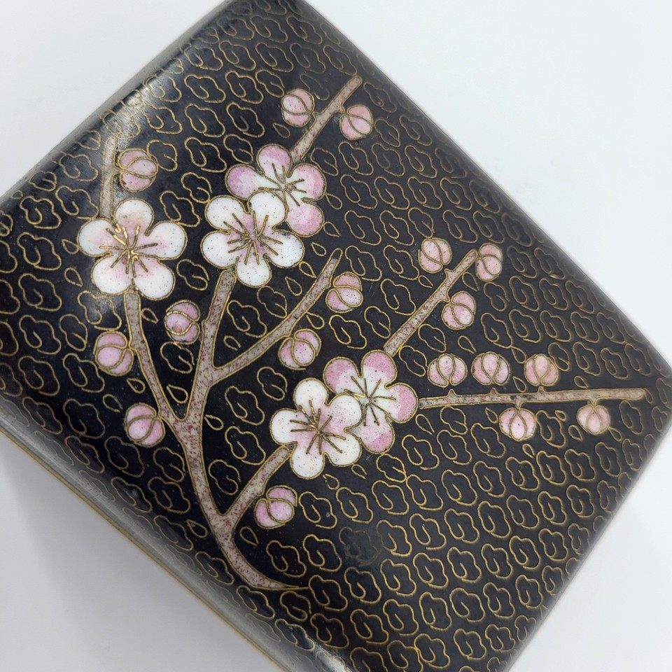 Vintage Chinese Cloisonne Trinket Box Black Cherry Blossom Floral ...