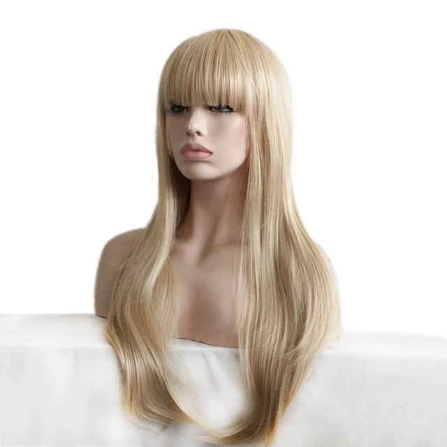 Custom Natural Light Blonde Full Straight Bangs Highlights Layer Wavy ...