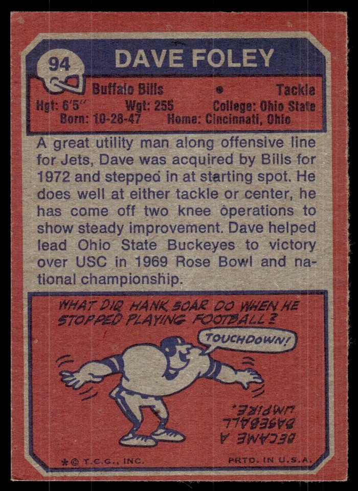 1973 TOPPS DAVE FOLEY RC BUFFALO BILLS #94 | eBay