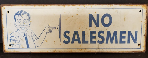VINTAGE METAL SIGN "NO SALESMEN" retro 12"x4" soliciting front porch no ...