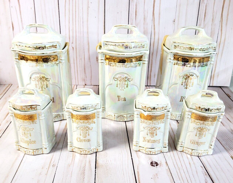 Antique Vtg White Block Germany Lusterware Opalescent 10 PC Canister ...