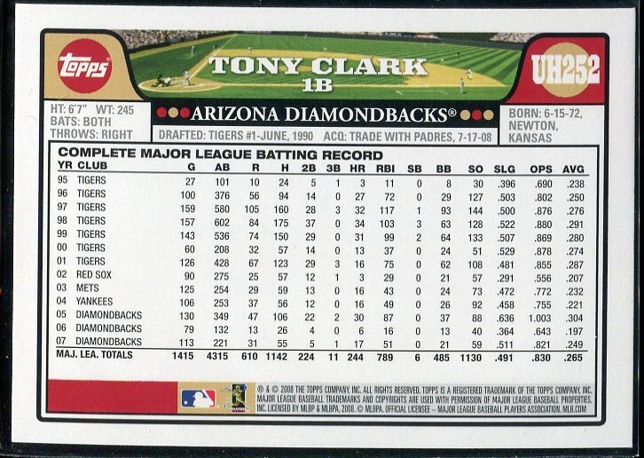 2008 Topps Baseball Tony Clark #UH252 Arizona Diamondbacks | eBay
