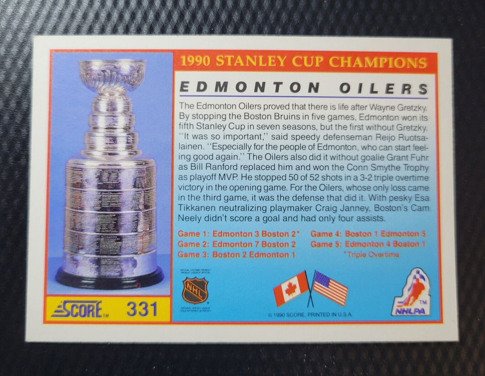 1990-91 Score American STANLEY CUP CHAMPIONS EDMONTON OILERS Team Card ...