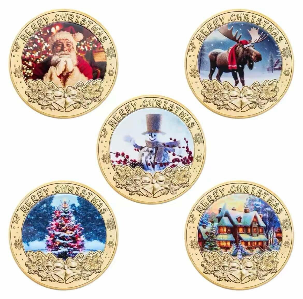 Merry Christmas x5 Gold Plated Coins Set - Santa Snowman Reindeer ...