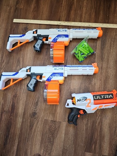 Lot Of 3 Nerf Guns, 2 Retaliators W/25 Shot Drums. 2 Ultra 6 Shot. 40 ...