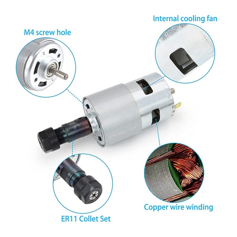 4X(DC Motor CNC 775 Spindle Motor 100W 12-24VDC 20000RMP + ER11 Collet ...