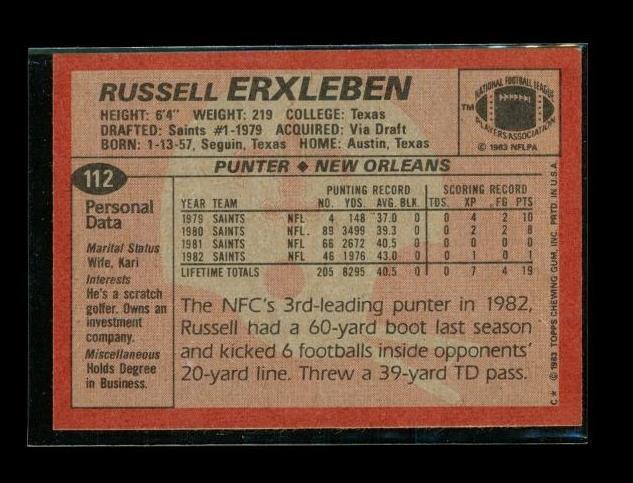 Vintage 1983 TOPPS Football Card #112 RUSSELL ERXLEBEN New Orleans ...