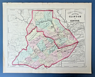 1872 Clinton & Centre Counties Map Pennsylvania Atlas Hand Colored O.W ...