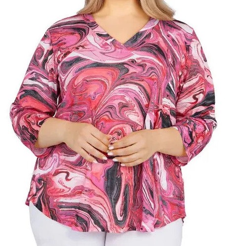 Ruby Rd. Size 1X, 2X Pink Marble Swirl Print top, V neck, 3/4 sleeves ...