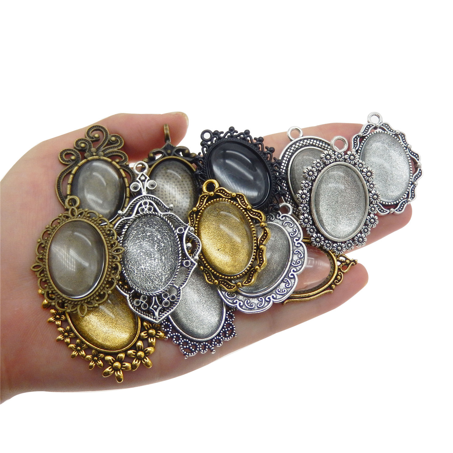 10 sets Mix Lot Vintage Metal Alloy Glass Cabochon Bezels Setting Tray Pendants | eBay.de