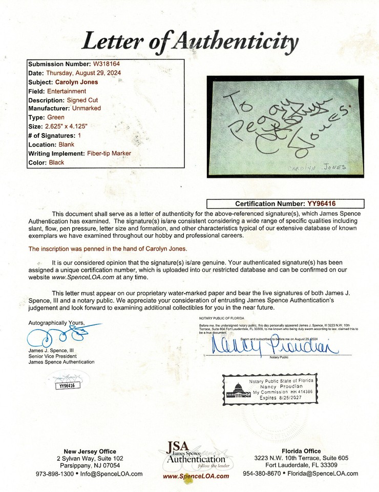 Carolyn Jones Personalized Autograph on Memo Pad Note The Addams Family ...