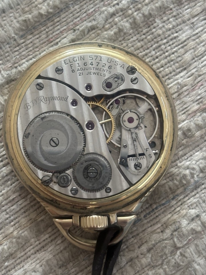 Elgin 571 Railroad Pocket Watch 21J 16s BW Raymond 10K Gold Fill Works ...