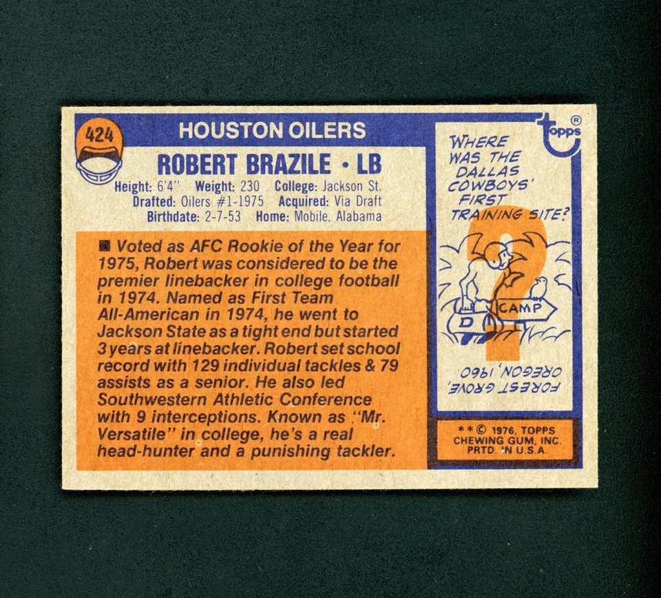 Robert Brazile 1976 Topps RC (HOF) Houston Oilers #424 NM+ | eBay