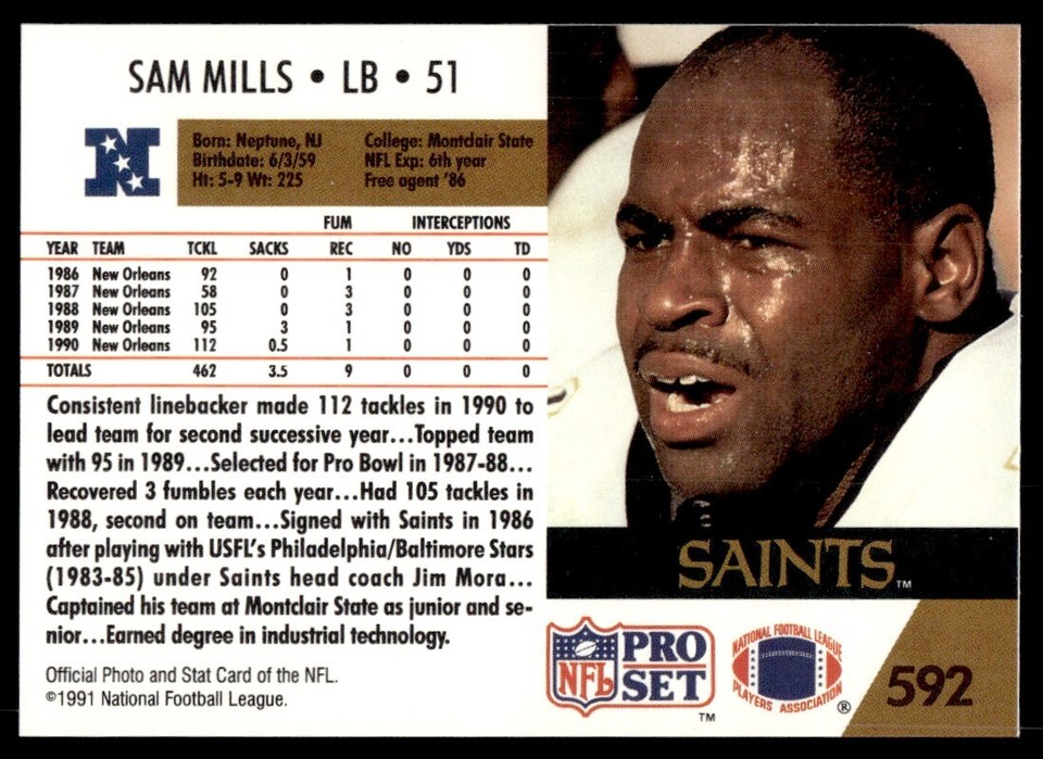 1991 Pro Set Football Card Sam Mills New Orleans Saints #592 | eBay