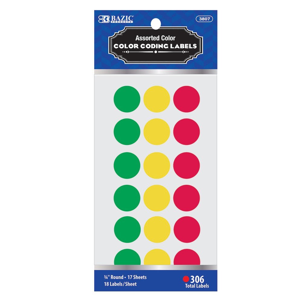 BAZIC Assorted Color 3/4" Round Label (306/Pack) 764608038079 | eBay