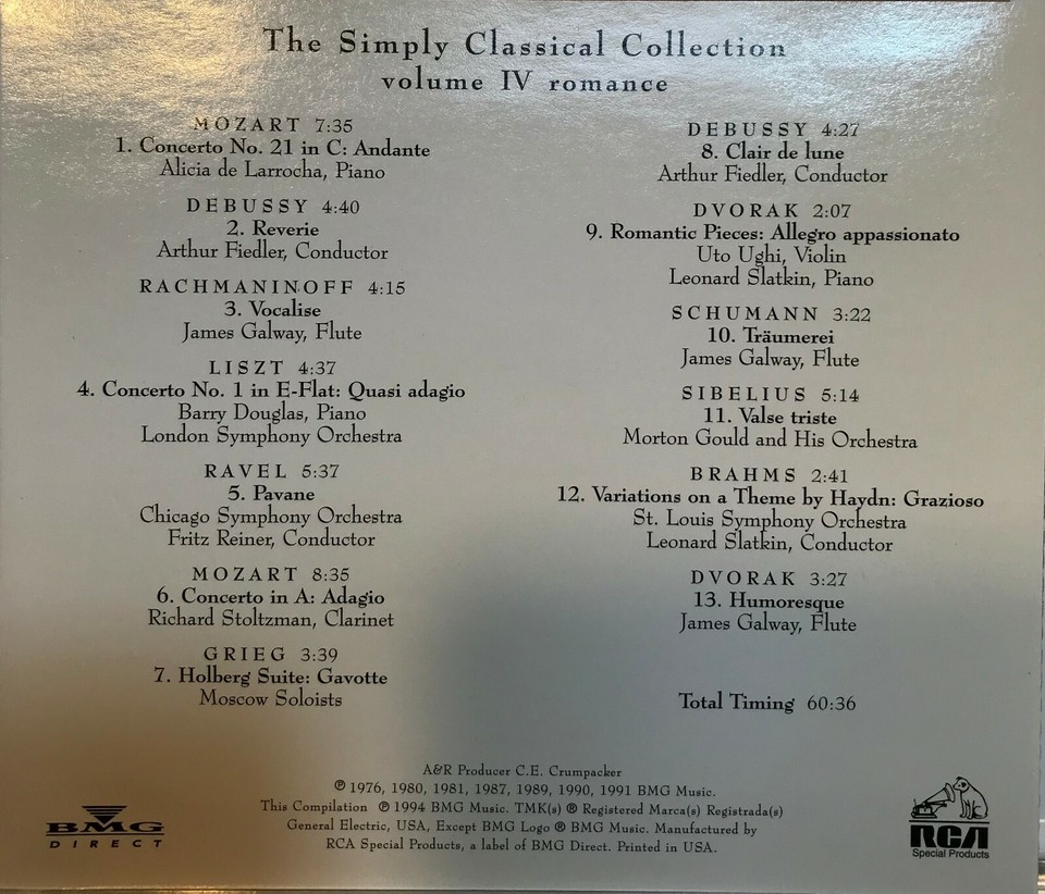 The Simply Classical Collection Volume lV Romance (CD 1994 RCA BMG ...