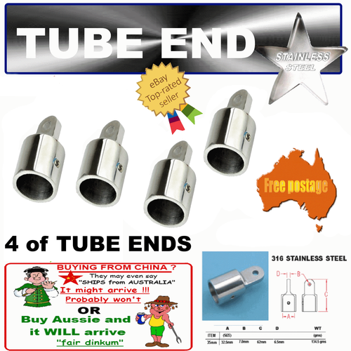 4 of Boat Bimini Tube ends - fits over 25mm OD 316 Stainless Steel Tube ...