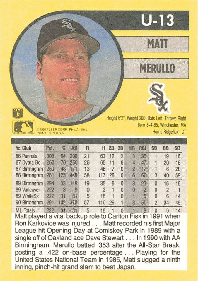 1991 Fleer Update #U-13 Matt Merullo Chicago White Sox | eBay