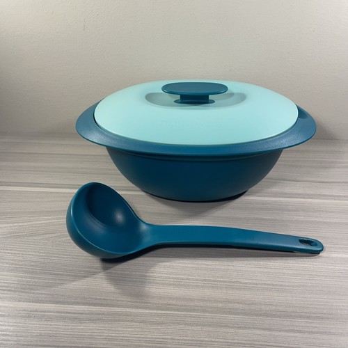 Tupperware Blossom Soup Server Bowl With Ladle Lid 7.5 Cup Aqua Mint ...