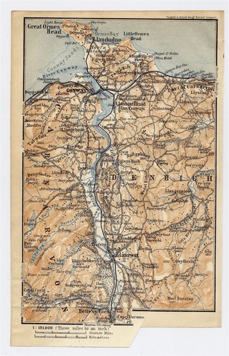 1910 ORIGINAL ANTIQUE MAP VICINITY OF CONWAY CONWY DENBIGH CARNARVON ...