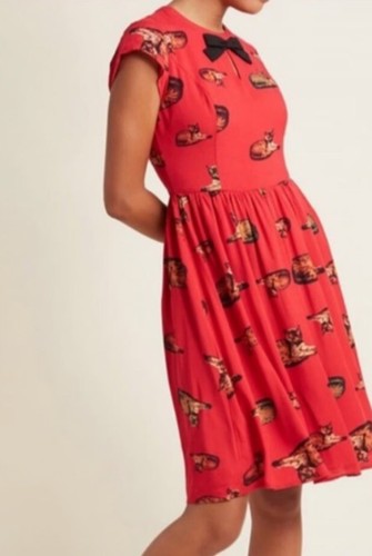 ModCloth Cherry Red Cat Print Fit & Flare Midi Dress Bow Detail Short ...