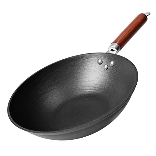 Wok Stir Fry Pan Wooden Handle 11 Inch Lightweight Cast Iron Chef s Pan ...