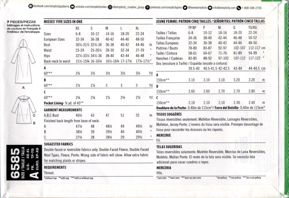 New Look 6585 Coats Hooded 3 Lengths Sewing Pattern Misses Size XS-XL 6 ...