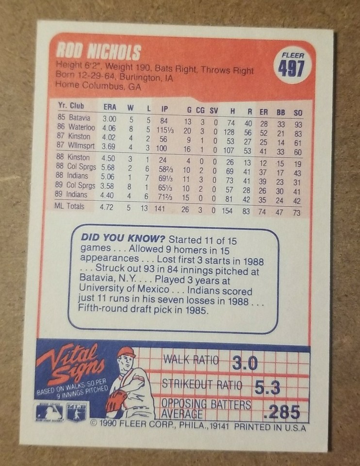 1990 Fleer Baseball Card #497 Rod Nichols - Cleveland Indians | eBay
