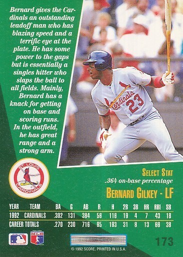 #173 ST. LOUIS CARDINALS # BERNARD GILKEY # BASEBALL CARD SCORE SELECT ...