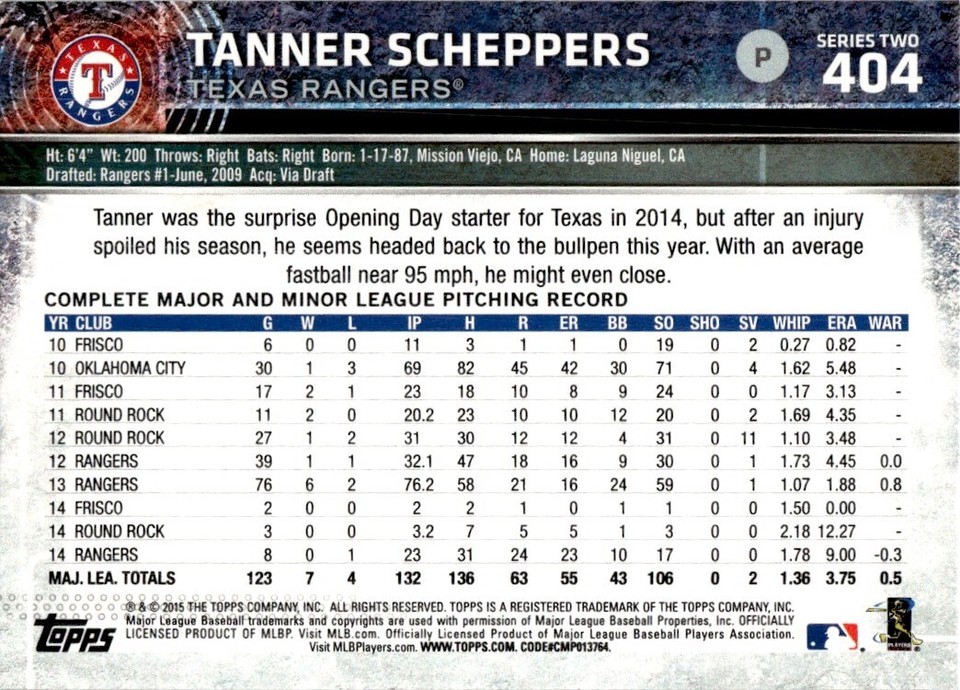 2015 Topps Baseball Card Tanner Scheppers Texas Rangers #404 | eBay