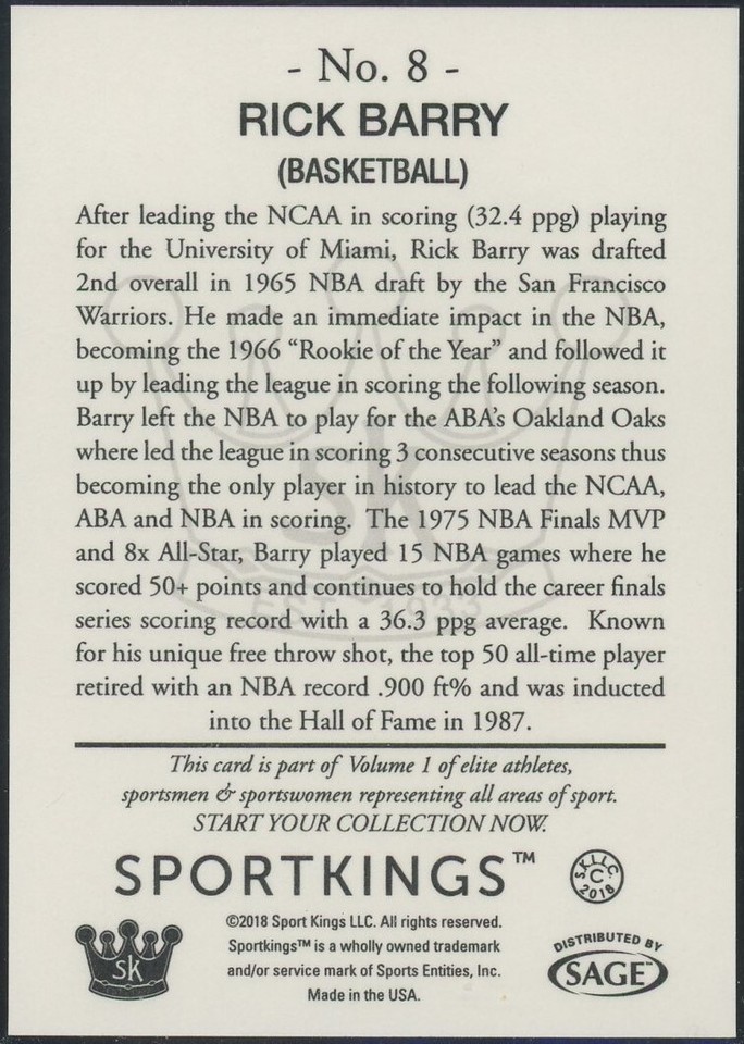 2018 Sport Kings Rick Barry Warriors #8 | eBay